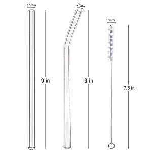 ALINK Clear Glass Straws, 9 in X 10 mm Reusable Straight & Bent Smoothie Straws, Set of 4 with Cleaning Brush