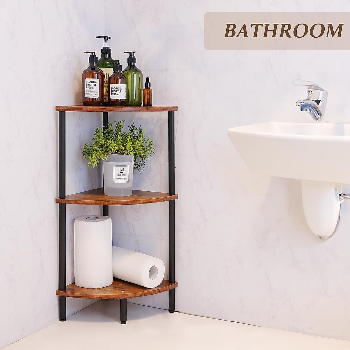 Ymesiyou 3 Tier Corner Shelf Stand, 28 Inch Rustic Industrial Corner Bookshelf, Storage Standing Shelf Unit, Plant Stand, Short Corner Table for Small Spaces in Living Room,Bedroom,Home Office