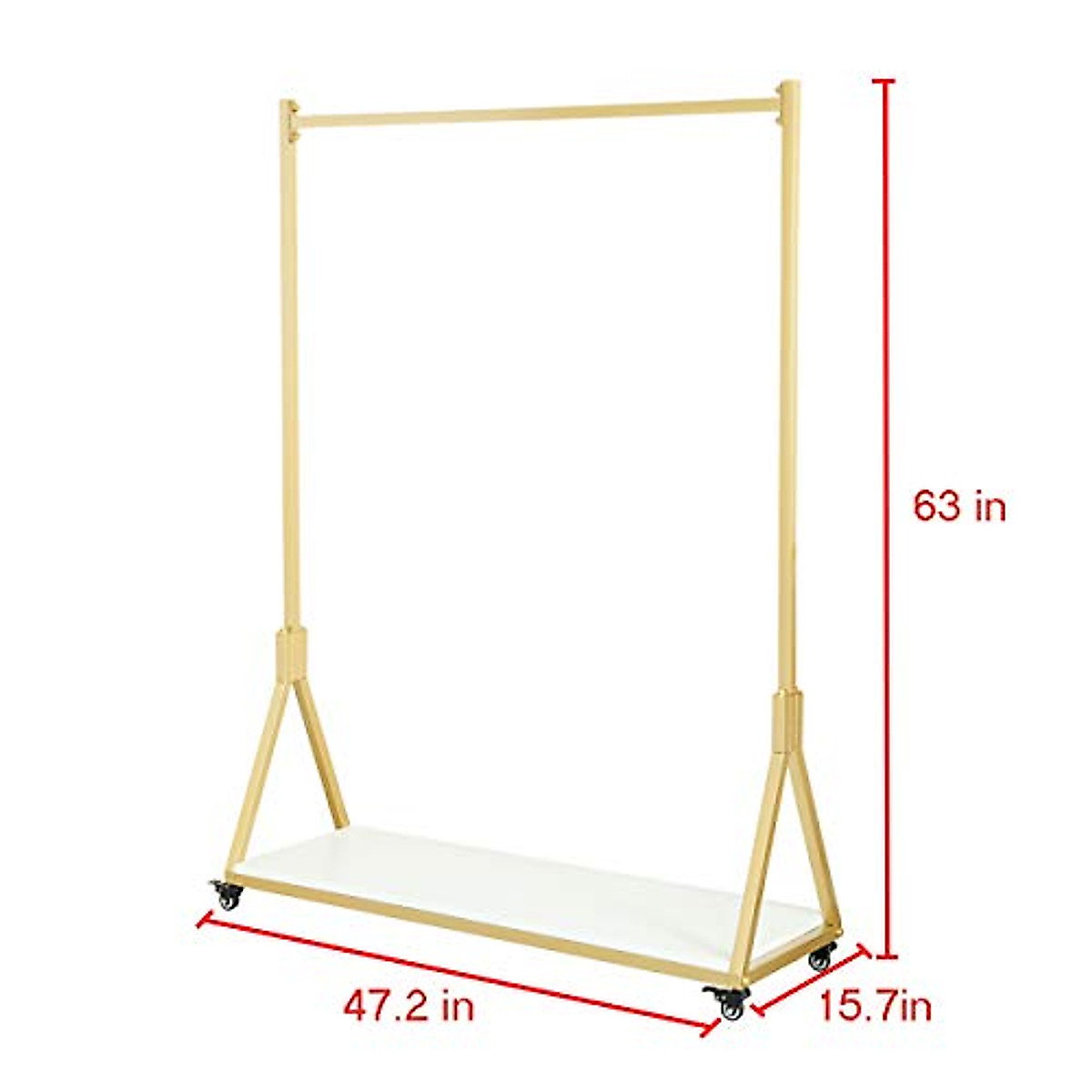 FURVOKIA Modern Simple Heavy Duty Metal Rolling Garment Rack with Wheel,Retail Display Clothing Rack with Wood, Single Rod Floor-Standing Hangers Clothes Shelves (Gold Square Tube B, 47.2 L)