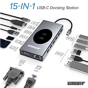 Docking Station USB-C Dual Monitor 15 in 1 for MacBook Pro/Air/Dell/Lenovo/HP. with Wireless Phone Charger. Dongle to 4K HDMI. VGA, SD/Micro SD Card Reader. Ethernet. 1 USB-C-PD. Audio Jack.