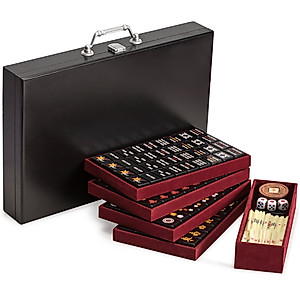 Yellow Mountain Imports Chinese Mahjong Game Set, Jet Set - with 148 Small-Size Black Tiles and Wooden Case, Wooden Spinner, Dice, and Scoring Sticks (for Chinese Style Game Play)