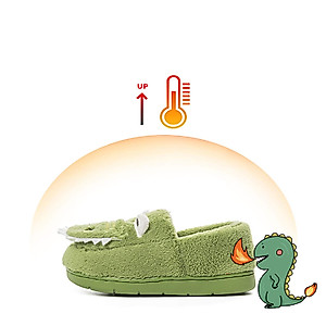 JACKSHIBO Girls Boys Home Slippers Warm Dinosaur House Slippers For Toddler Fur Lined Winter Indoor shoes Green 6-6.5 Toddler