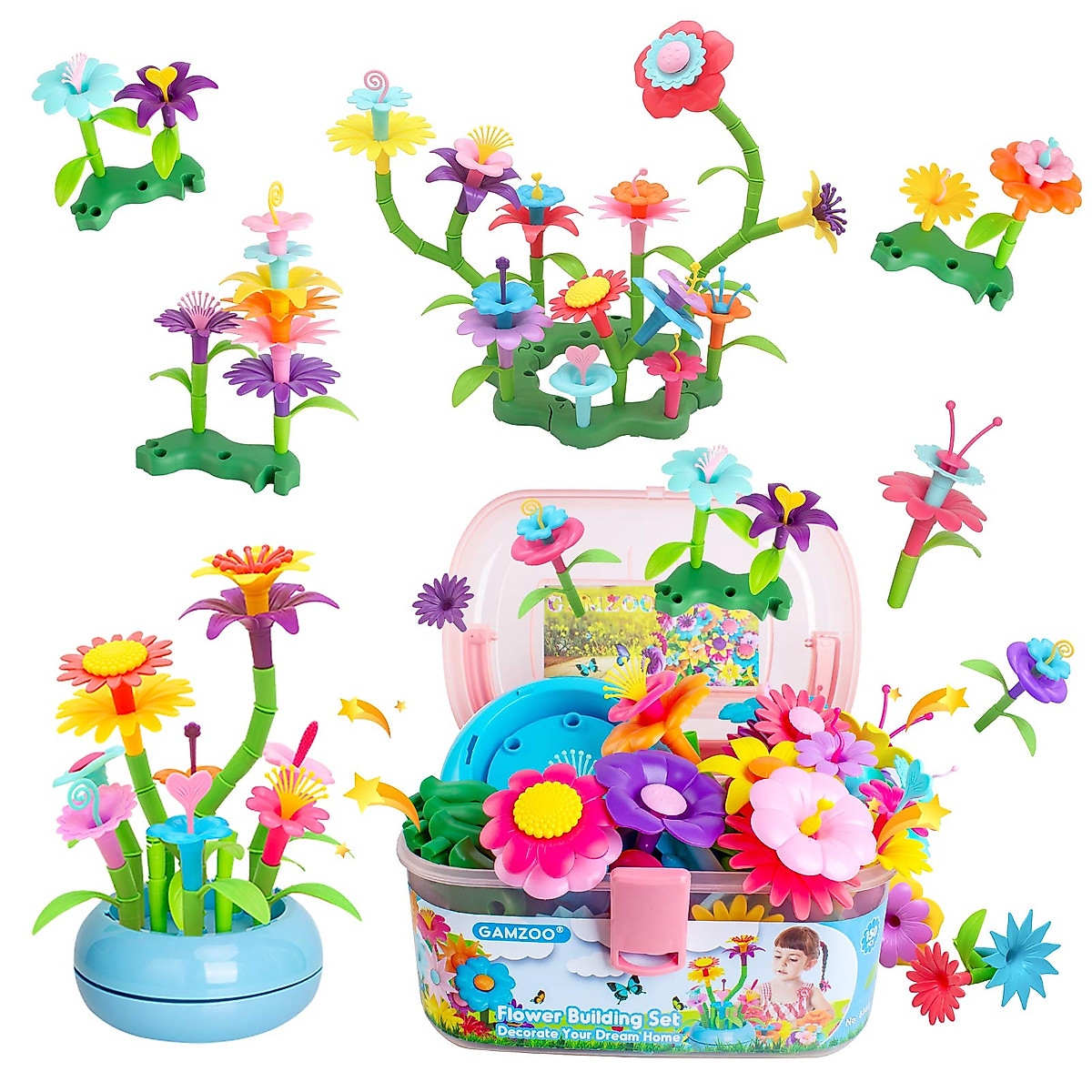 GAMZOO Flower Garden Building Toys Girls Birthday Gifts for 3 4 5 6 Year Old Toddlers STEM Arts and Crafts (150pcs)