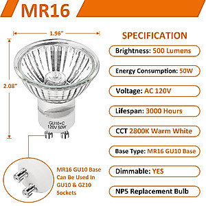 iMama Dimmable GU10 Halogen Bulbs 50W 120V, 6-Pack MR16 Glass Covered Warm White Light Bulbs for Track & Recessed Lighting, Long Lasting Lifespan, Ideal for Candle Warmer Lamps