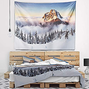 Designart 'Winter Mountain Landscape' Photography Tapestry Blanket Décor Wall Art for Home and Office, Created On Lightweight Polyester Fabric Large: 60 in. x 50 in