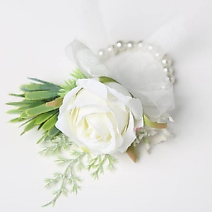 Corsage and Boutonniere Set,2PCS Artificial Rose Wrist Corsage Wristlet,for Wedding Bridal Bridesmaid Wrist Corsage Corsage Ball Decoration (White)