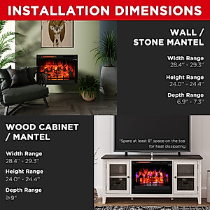 TURBRO in-Flames 28 Inch in-Wall Recessed Electric Fireplace Insert - Realistic Wood Log, 3D Adjustable Flame Effects, Infrared Quartz, Thermostat, and Timer - INF28-3D