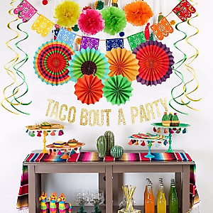 22pcs Fiesta Party Decorations,Encanto Mexican Party Decorations with Fiesta Paper Fans Wheel,Pom Poms Flowers, Serape Table Runners for Cinco De Mayo Decorations Supplies,Birthday,Dia De Los Muertos