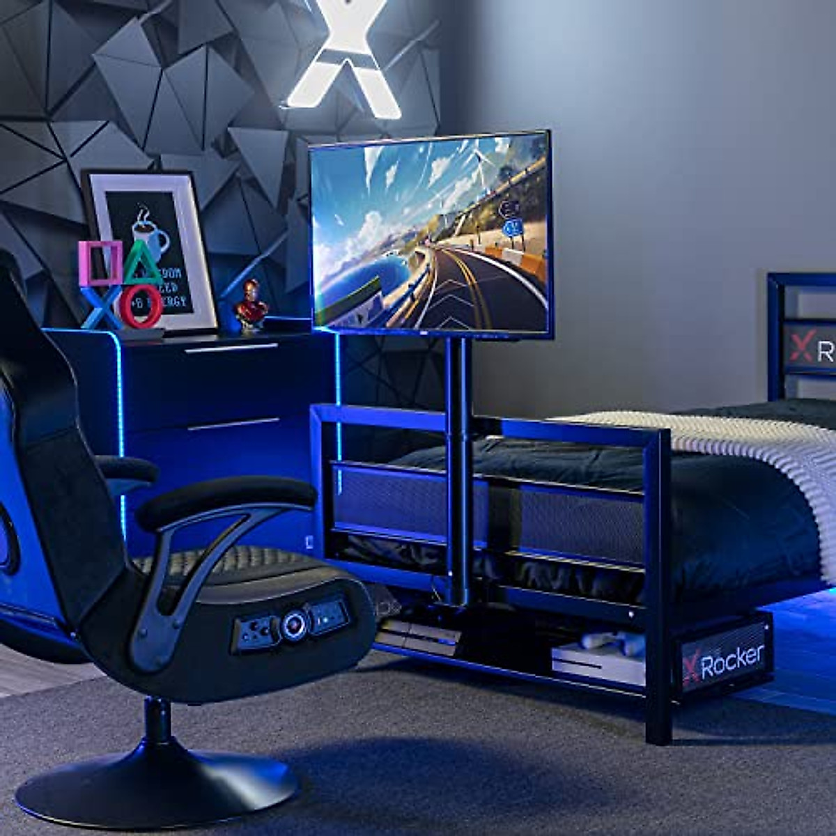 X Rocker Basecamp Gaming Bed Frame, with Rotating TV Mount, Storage, Metal Mesh Frame, 2111101, 80.63" x 37.68" x 42.8", Twin Size, Black