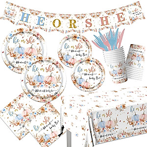 Pumpkin Gender Reveal Decorations Tableware, 142 Pcs Fall Gender Reveal Decorations includes He Or She What Will Our Pumpkin Be Plates and Fall Napkins, Pumpkin Gender Reveal for Fall Baby Shower