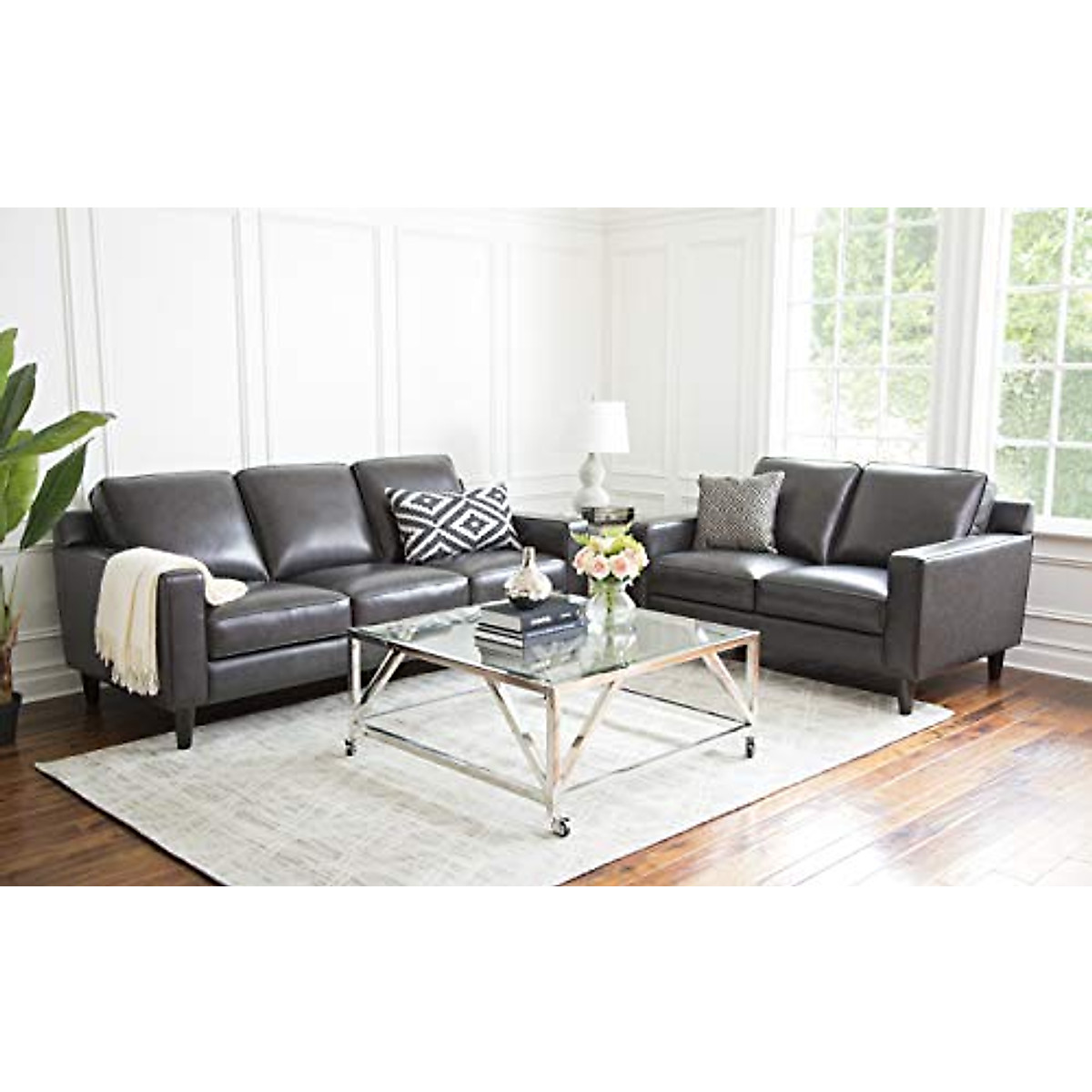 Abbyson Living Milton Leather Sofa & Loveseat - Modern Design, Top Grain Leather, Espresso Wood Accents, 2 Piece Set, Gray