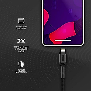 Monster Nylon-Braided 6 or 10 Ft iPhone Charging Cable, Lightning to USB-A (Works w/iPhone SE/11/11 Pro/11 Pro Max/XS/XS Max/XR/X/8/8 Plus/7/7 Plus/6/6 Plus, iPad, iPad Pro, AirPods) (6 Ft, Black)
