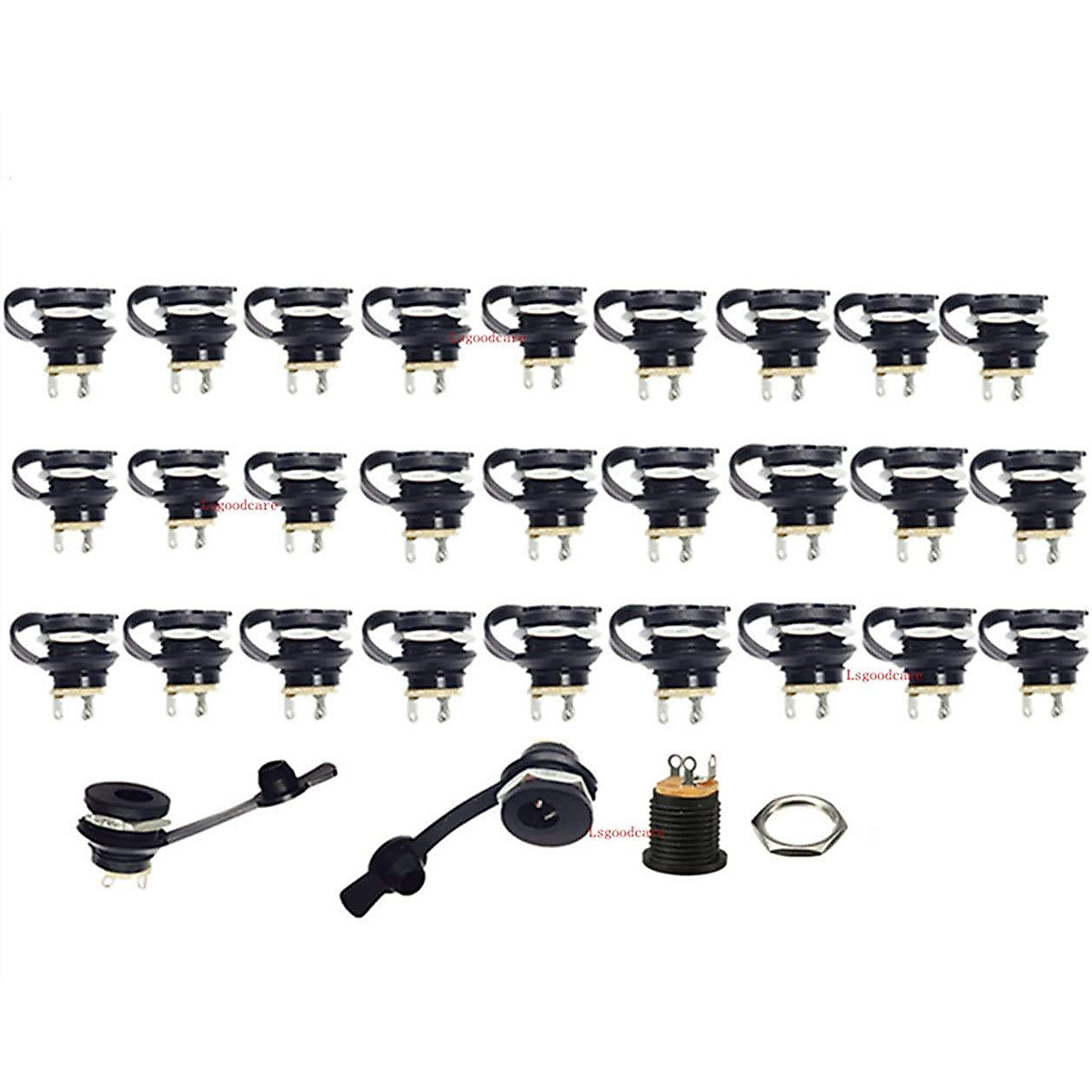 Lsgoodcare 30Pack 5.5MM x 2.1MM Female DC Power Jack 3Pin Panel Mount Connector with Dustproof Plug (5.5 * 2.1mm)