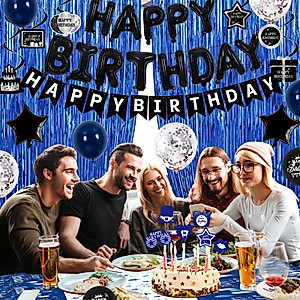Blue Black Happy Birthday Decorations for Men Women Boys, Happy Birthday Banner, Fringe Curtain, Beer Balloons, Tablecloth, Hanging Swirls for 13th 16th 18th 21st 30th 40th 50th 60th Party Supplies