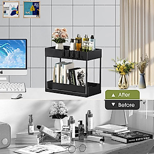 Under Sink Organizers and Storage, 2 Pack Under Bathroom Storage Rack, Under Cabinet Organizer, Bathroom Organizer with Hooks, Multi-purpose Storage Shelf for Kitchen, Bathroom, Family