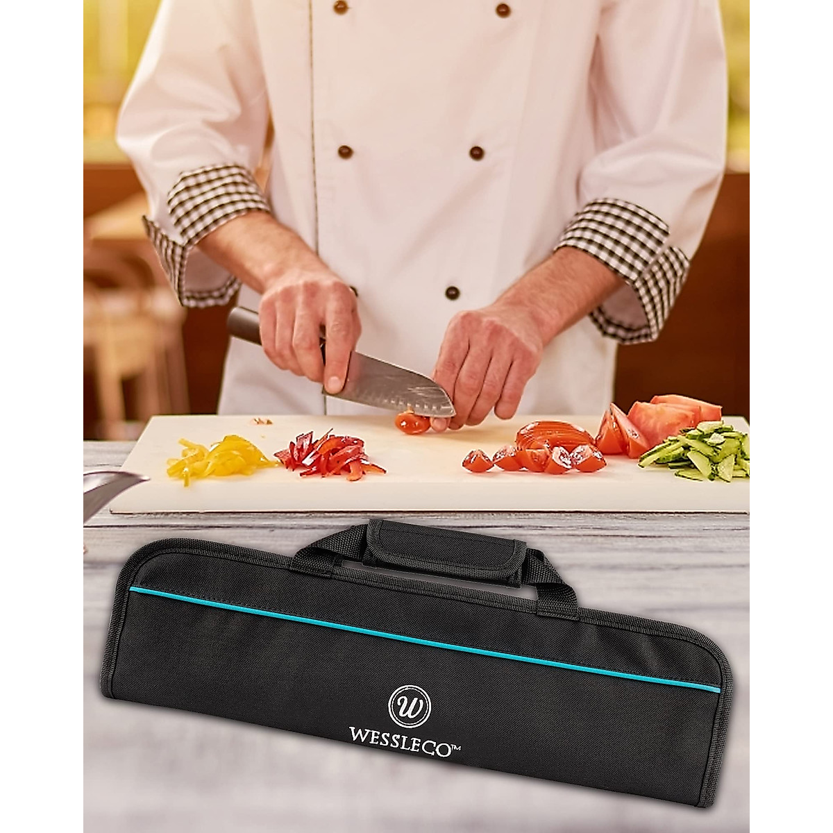 Wessleco Knife Roll, 5-Pocket Chef’s Knife Roll Bag, Knife Bag, Chef Knife Case Nylon Portable Chef Carrying Travel Bag Pouch, Blue(Knives not Included)
