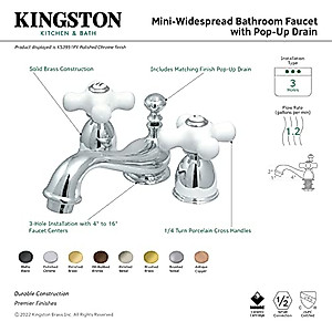 Kingston Brass KS3952PX Restoration Mini Widespread Lavatory Faucet with Porcelain Cross Handle, Polished Brass