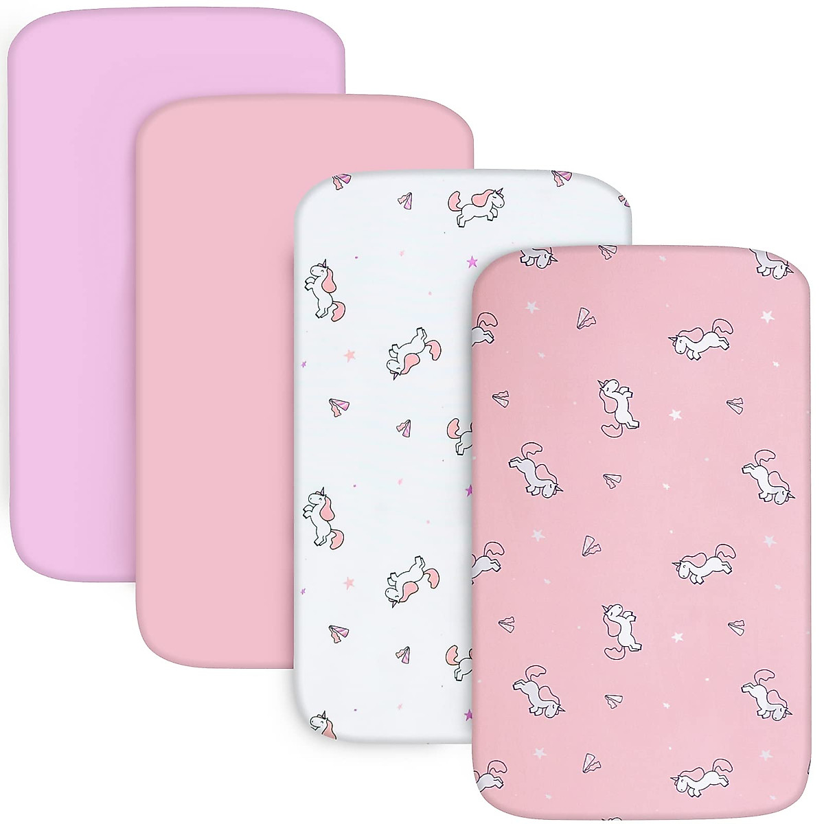Bassinet Sheet 4 Pack for Baby Girls, Bassinet Sheets Universal Fit for Rectangle, Oval, Hourglass Bassinet Pad/Mattress, Stretchy Bassinet Sheets, Pink Print