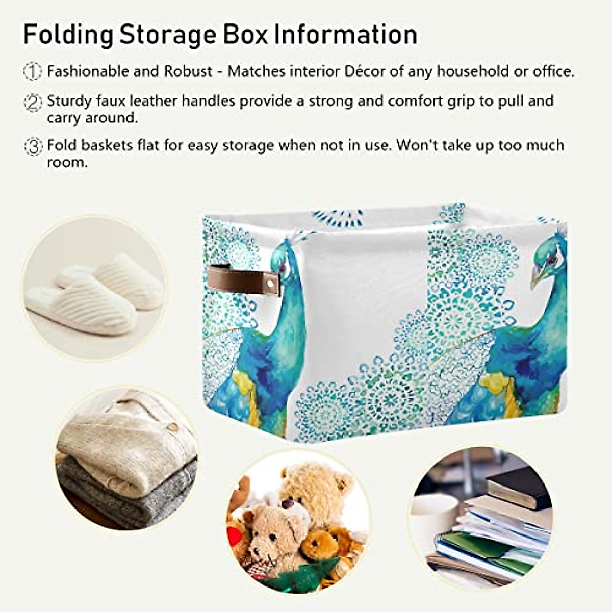 Blue Peacock Flower Square Storage Basket Storage Bins Canvas Storage Organizer Closet Shelf Organizer for Home Office, 1 Pc