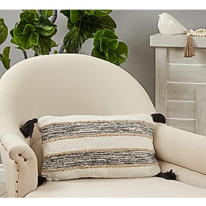 SARO LIFESTYLE Striped Tassel Corners Throw Pillow with Poly Filling, Black/White, 12"x20"