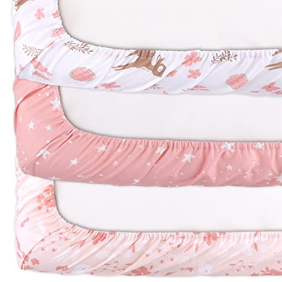 The Peanutshell Mini Crib Sheet Set for Girls, 3 Pack, Multiuse for Pack & Play, Playard, Playpen, Mini Crib, Pink Woodland Floral