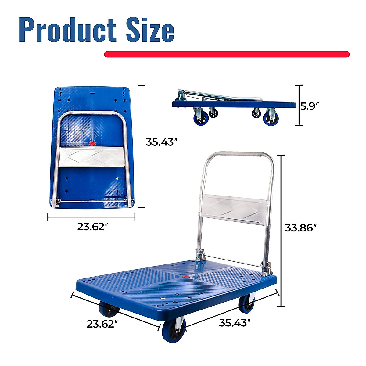 Dawot 660lbs Foldable Platform Truck Dolly with Swivel Wheels, Heavy Duty Moving Platform Hand Truck, Moving Flatbed Cart Push Cart Platform Dolly Cart for Groceries, Warehouse(35.43" x 23.62")