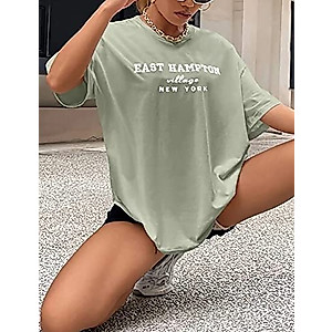 Lauweion Women Drop Shoulder East Hampton Letter T-Shirt Oversized Graphic Baggy Trendy Tee Shirt Top Green