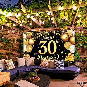 KatchOn, Happy 30th Birthday Backdrop - Large, 72x44 Inch | Black and Gold 30th Birthday Decorations | Happy 30th Birthday Banner for 30th Birthday Party Men, Women