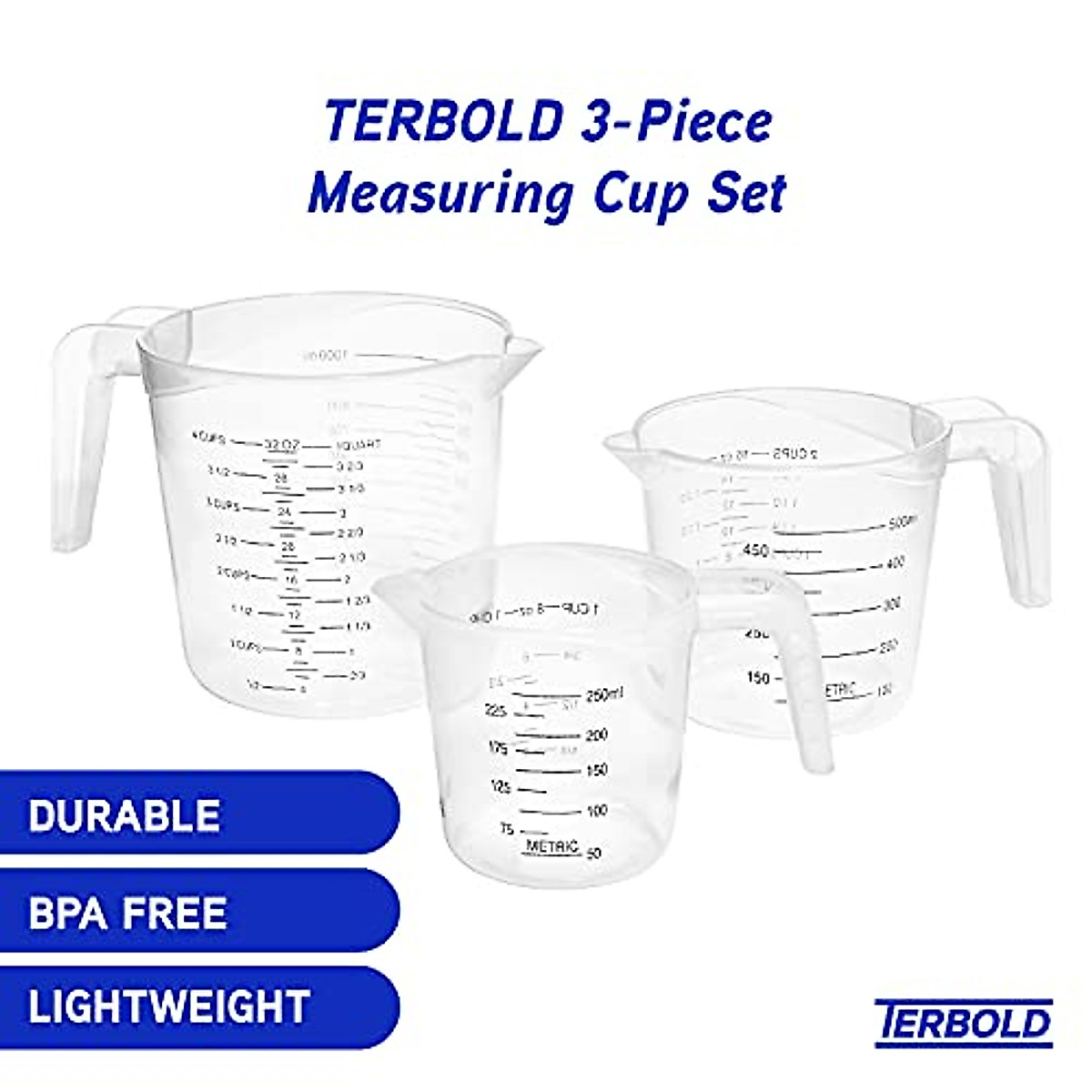 Terbold 3pc Measuring Cup Set in Clear Plastic with Long Handles - 1 Cup, 2 Cup, 1 Quart Sizes