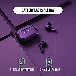 Raycon The Gaming Bluetooth True Wireless Earbuds with Built in Mic, Low Latency, 31 Hours of Battery, Charging Case with Talk, Text, and Play, Bluetooth 5.0 (Digital Purple)