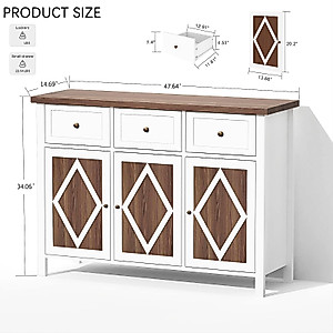 Sideboard Buffet Cabinet with Storage, Kitchen Cabinet with 3 Doors and 3 Adjustable Shelves and 3 Drawers, Buffet Server Bar for Dining Room, Living Room