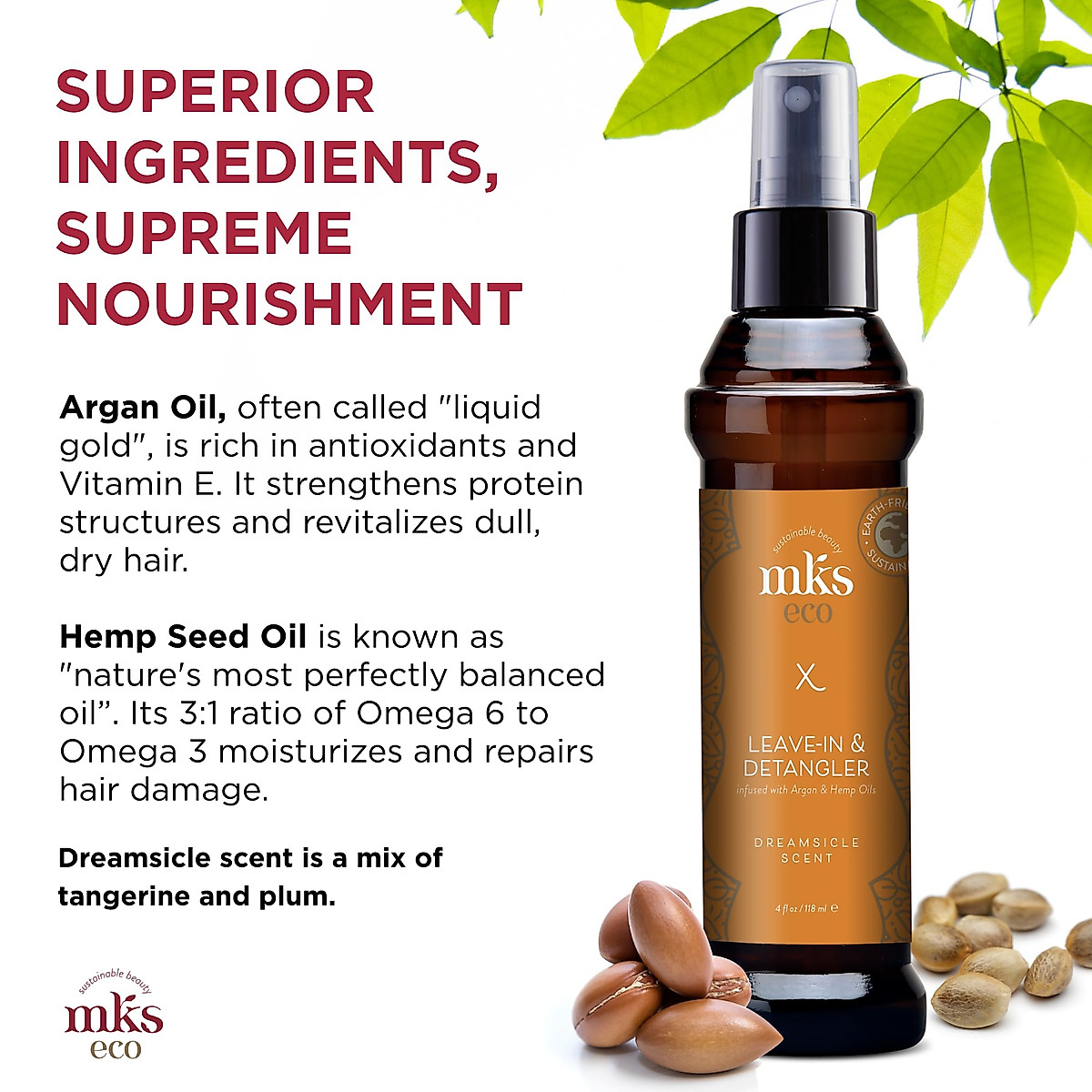 Earthly Body MKS eco X, Dreamsicle Scent - 4 fl oz - Leave-In Treatment & Detangler - Moroccan Argan Oil, Hemp Seed Oil - Vegan & Cruelty Free