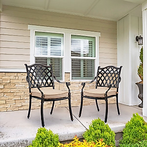 2 Pcs Outdoor Cast Aluminium Dining Chairs Set - All Weather Patio Chairs with Removable Cushions, Antique Brass Patio Chairs with Armrests Backrests for Bistro, Restaurant, Garden, Backyard