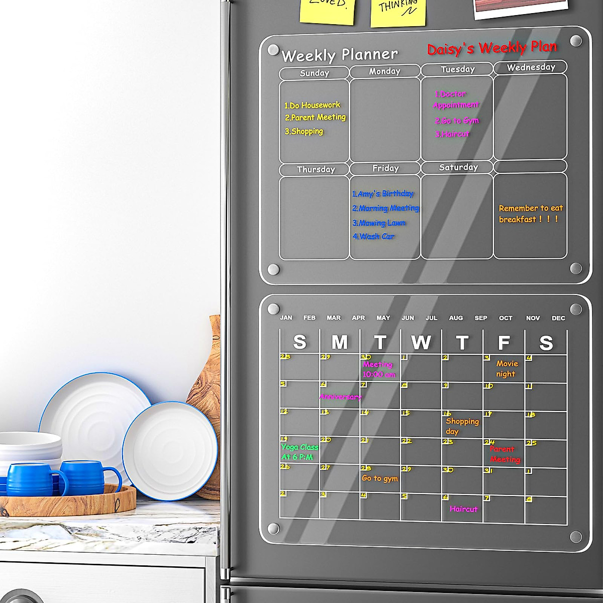 Acrylic Magnetic Calendar for Fridge, Polegas 16"X12" Clear Refrigerator Calendar, Dry Erase Fridge Calendar Whiteboard, Small Monthly Planner Schedule Board with 8 Markers Eraser
