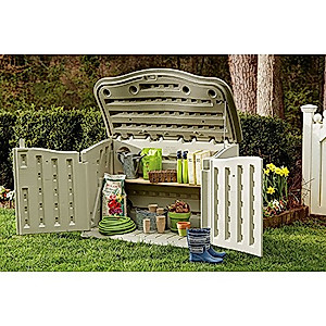 Rubbermaid Small Horizontal Resin Weather Resistant Outdoor Storage Shed, Olive and Sandstone, for Garden/Backyard/Home/Pool, 18 Ft³ Horizontal Shed