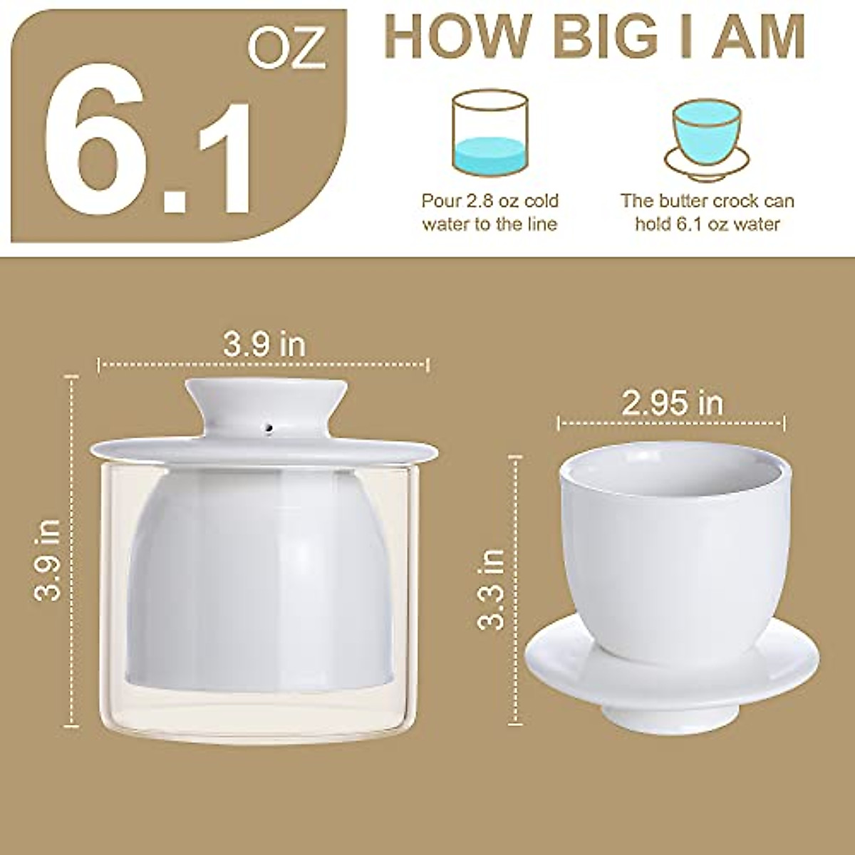 FORHOME Porcelain Butter Keeper Crock Glass French Butter Dish with Lid Ceramic Butter Container with Water Line Soft Butter Keeper White