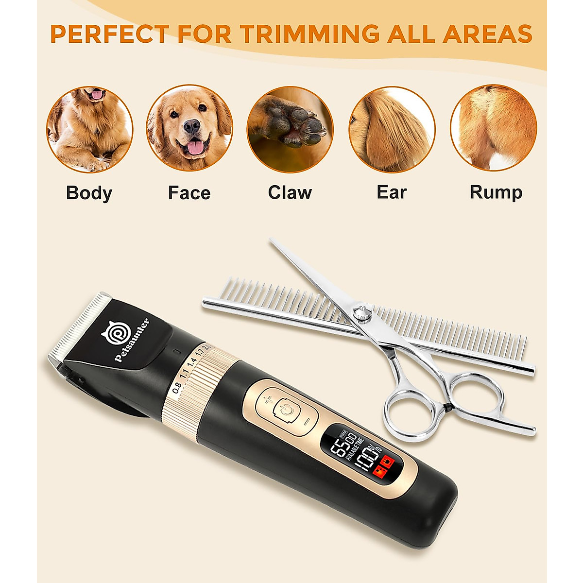 Petsaunter Dog Clippers for Grooming Kit, 4-Speed & LCD, Low Noise Electric Dog Trimmer for Grooming, Cordless Rechargeable Dog Hair Clippers, Quiet for Dogs & Pets with Thick or Heavy Coats(C95 Set)