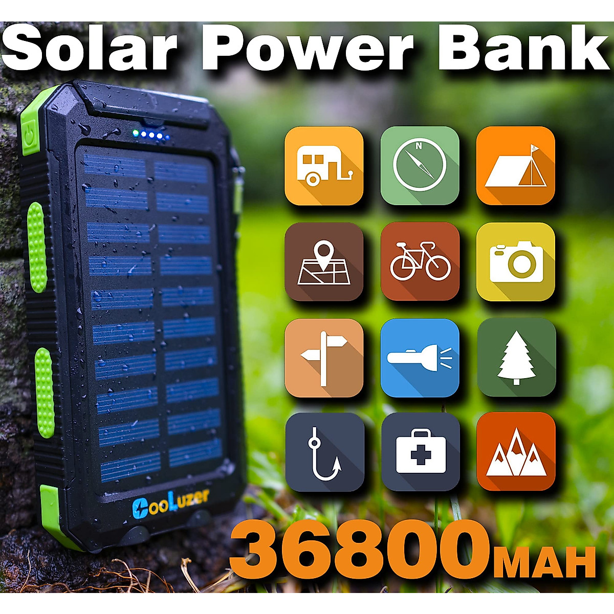 Solar Power Bank 36800mah, Solar Charger Power Bank with 18W PD 5V 3.1A outputs, IP67 Waterproof, Grade A+ Battery with LED Flashlight and Compass, Perfect Camping Gear Accessory for Outdoor (Green)