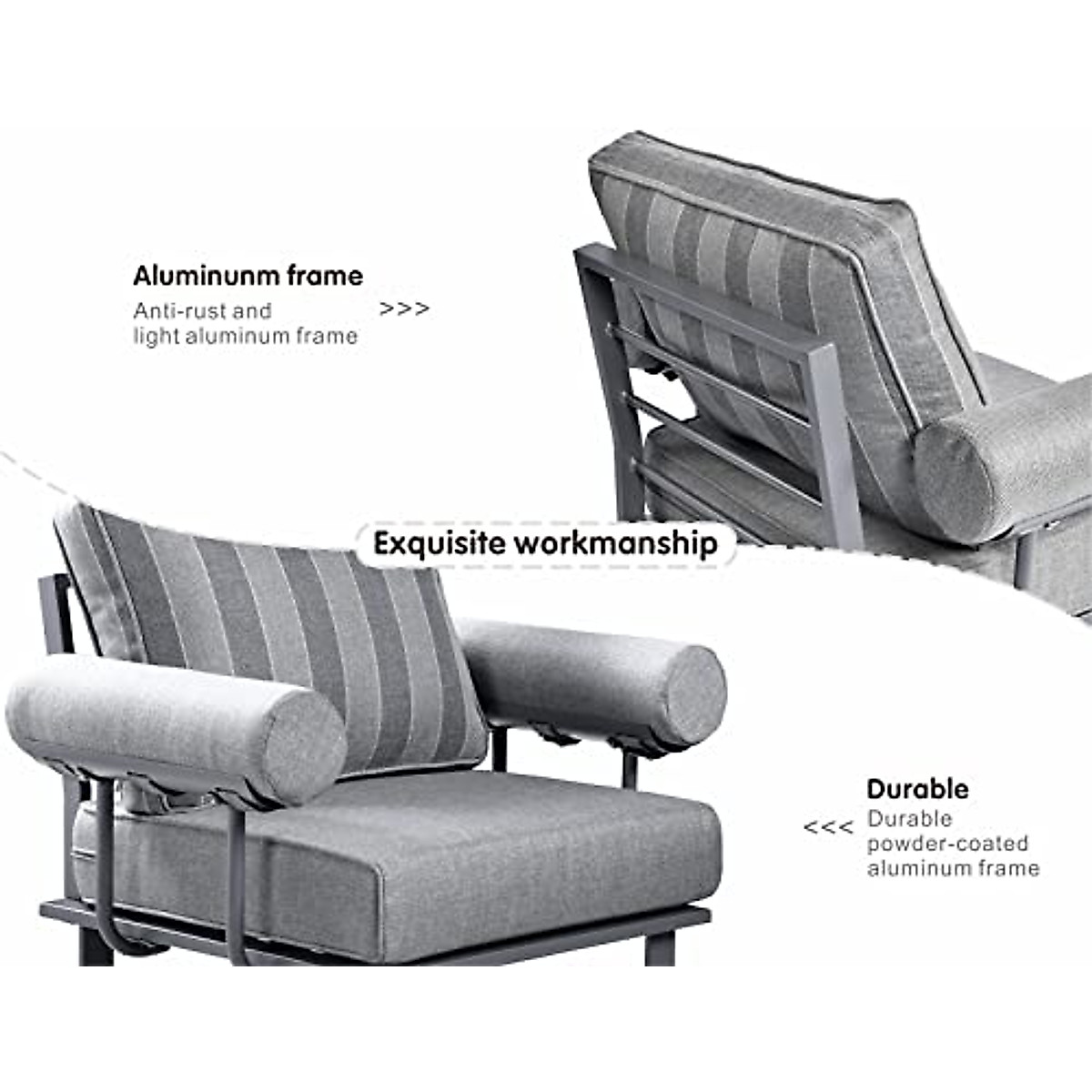 ovios Aluminum Patio Furniture Set 7 PCS All-Weather Outdoor Conversation Set Modern Metal High Back Aluminum Patio Sofa with Table and Thick Cushions (Black-Grey Stripe)