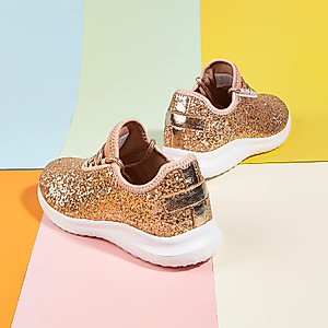K KIP WOK Toddler Girls Glitter Sneakers Sparkle Slip On Walking Shoes for Kids/Children Breathable Running Sneakers(Rose Gold2,Big Kids 4)