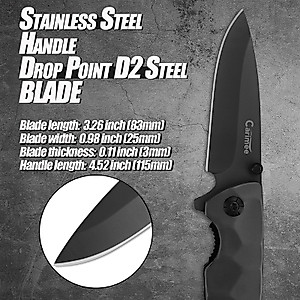 Carimee Pocket Knife 3.3", Solid D2 Steel Blade, Heavy Thick FineCNC machianed Handle, Fully Ti-coated,premium EDC Gifts