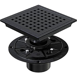 ELLO&ALLO Shower Floor Drain with Flange,Quadrato Pattern Grate Removable 6 Inch Square, SUS 304 Stainless Steel, Matte Black