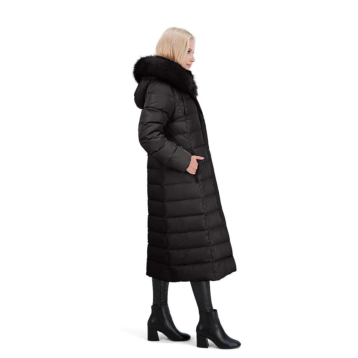 Tahari Nellie Womens Removable Faux Fur Trim Long Down Coat Jacket Black Size XL