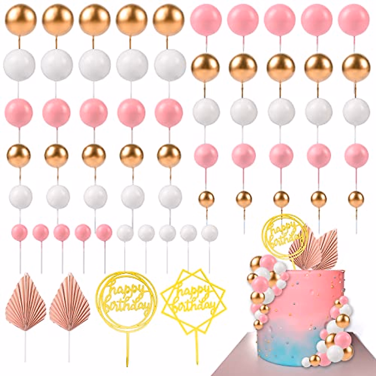46 PCS Mini Ball Cake Topper Cupcake Insert Acrylic Cake Topper Decorations for Anniversary Graduation Birthday Party Baby Shower (Gold,Pink,White)