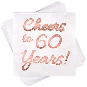 60th Birthday Decorations Women Party Supplies Cocktail Napkins Rose Gold 50 Pack 5"x 5" Folded Cheers to 60 Years! (60)