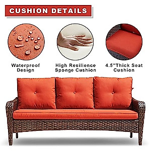 HUMMUH Patio Wicker Sofa,3-Seater Outdoor Couch Porch High Back and Deep Seat Sofa Furniture for Backyard, Deck, Poolside （Brown Red）