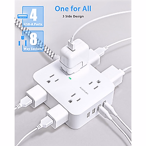 8 Outlets Power Strip with 4 USB Charging Ports, 3 Side Outlet Extender with 5Ft Braided Extension Cord, Flat Plug, Wall Mount, Desk USB Charging Station for Home Office