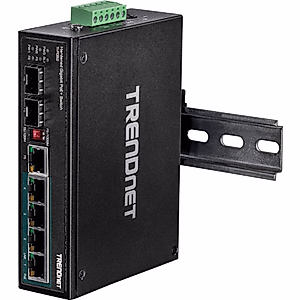 TRENDnet 6-Port Hardened Industrial Gigabit PoE+ DIN-Rail Switch,TI-PG62,4 x Gigabit PoE+ Ports, 1 x Shared Gigabit Port (RJ-45/SFP), 1 x Dedicated SFP, 120 W Power Budget, IP30,(Renewed)