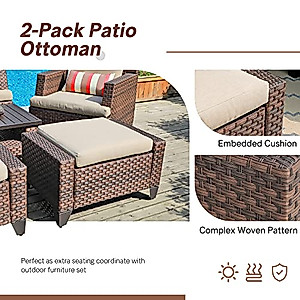 SUNSITT 2 Pieces Patio Furniture Ottoman Outdoor Wicker Footstool with Beige Cushion, Waterproof Furniture Cover