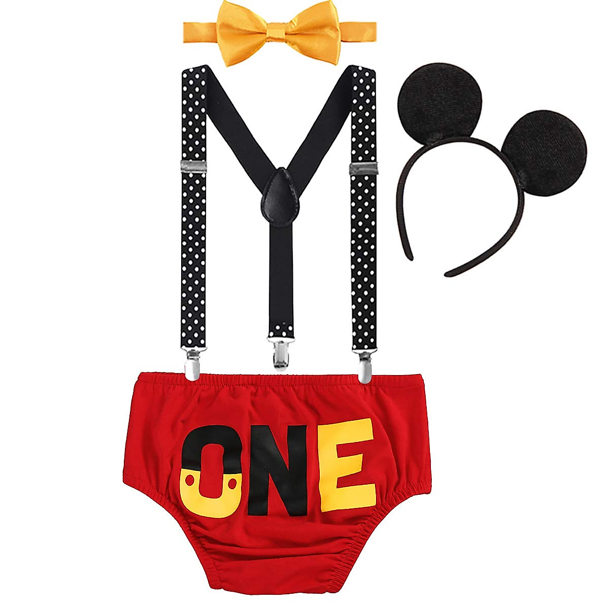 IBTOM CASTLE Baby Boys 1st Birthday Outfit Bodysuit One Piece Gentleman Bottoms Suspender Straps with Bow-tie #22 Red One 12-18 Months